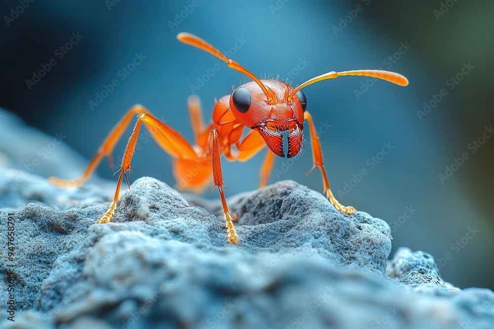macro photograph of a vibrant red ant exploring intricate textures of a ...