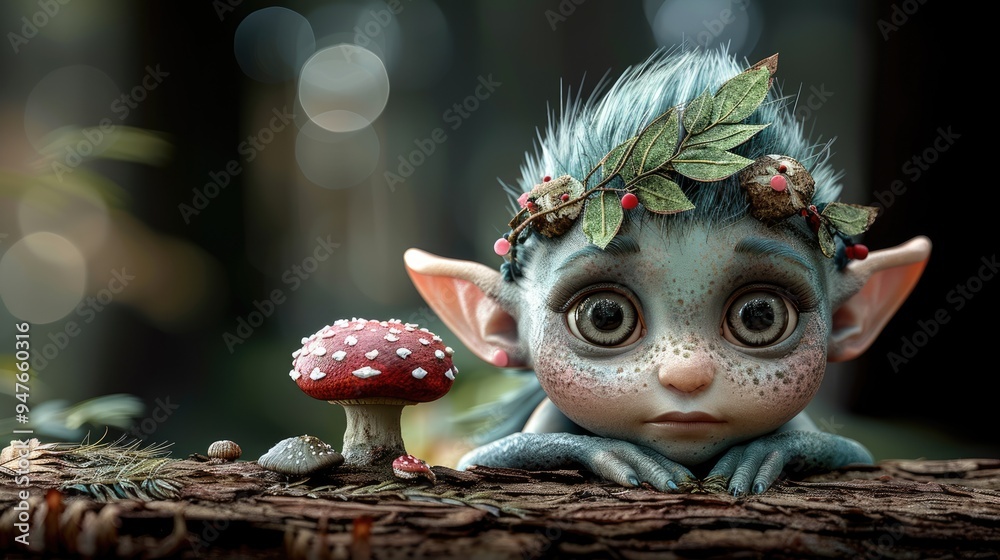 Mischievous forest elf with a leafy crown and pointy ears peeks out ...