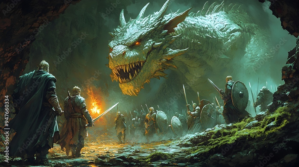Stalwart Knights Delving Into Dragon-Infested Dungeon,Armor Gleaming in ...