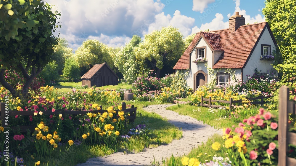 183. "A charming 3D scene of a traditional countryside cottage with a ...