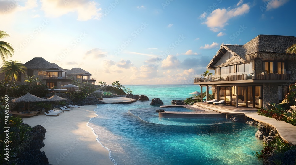 181. "A stunning 3D render of a luxury resort with private bungalows ...