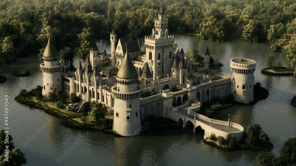 162. "A captivating 3D model of a grand medieval castle with turrets ...