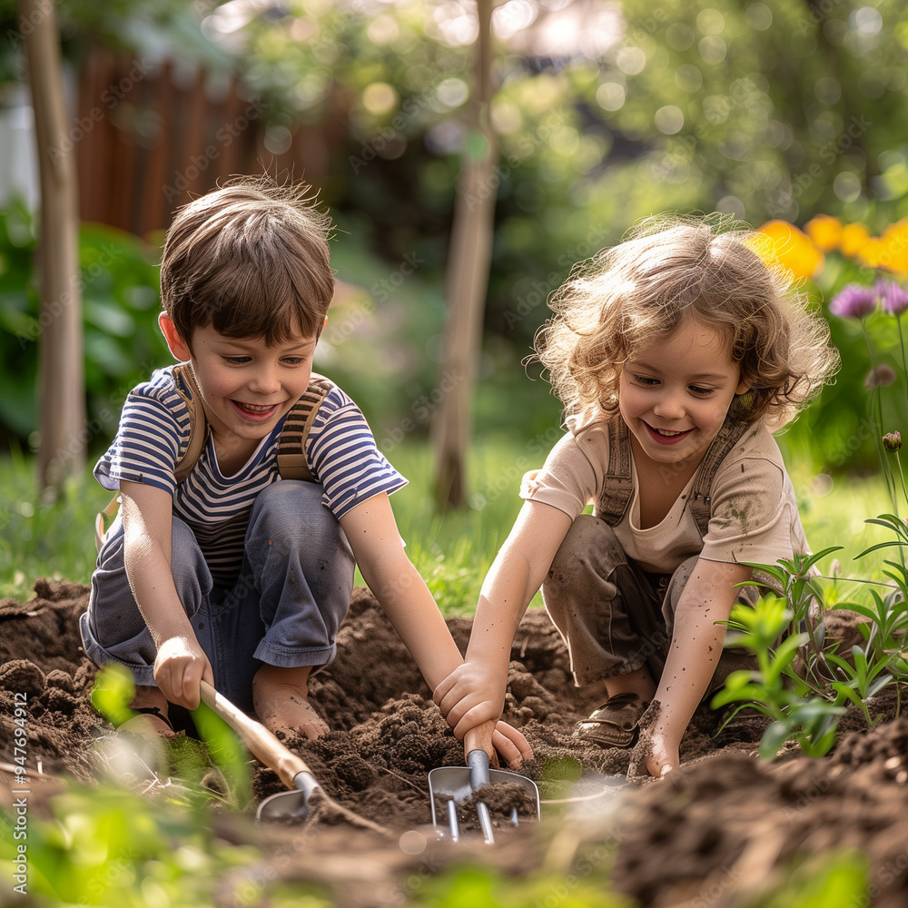 happy kids playing in the lawn, digging a hole, children happily ...