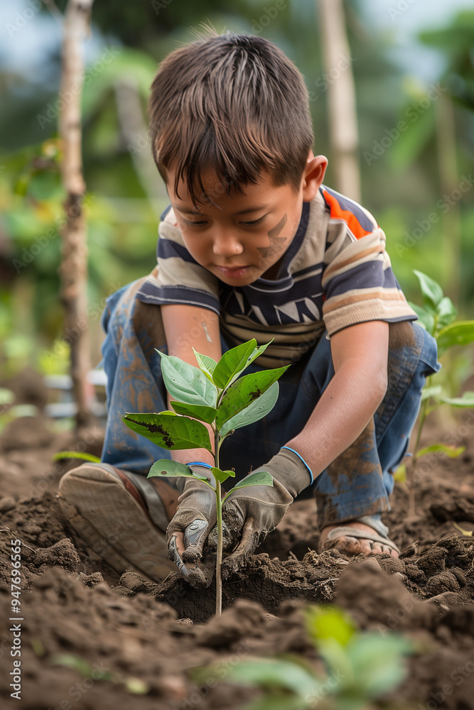 happy kids playing in the lawn, digging a hole, children happily ...