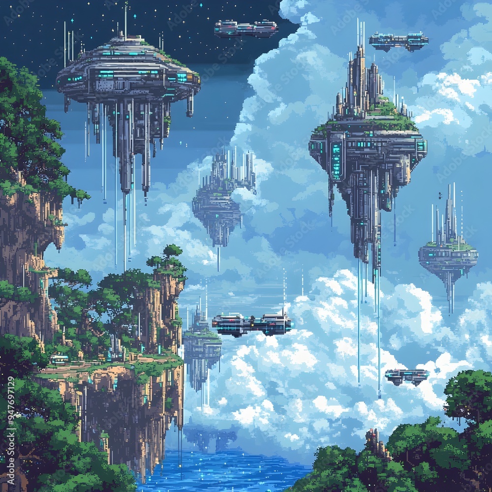 Cinematic Pixel Art Sci-Fi Scene of Futuristic Alien World with ...