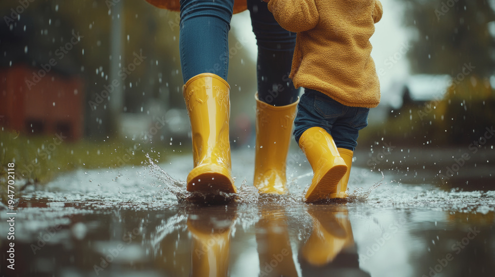 mother and her child wearing rain boots and splashing in puddles during ...