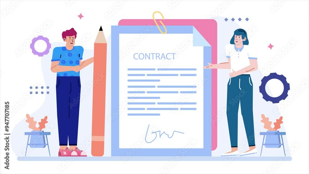 Contract signing illustration with characters holding pencil and ...