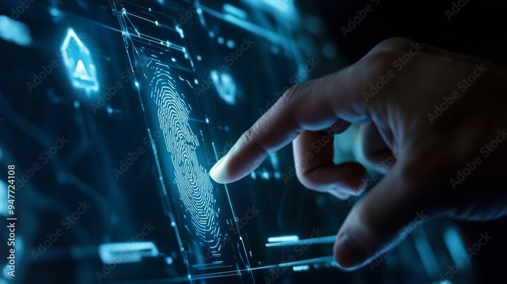 Future tech and security - hand scans fingerprint on interactive touch screen Stock Photo ...