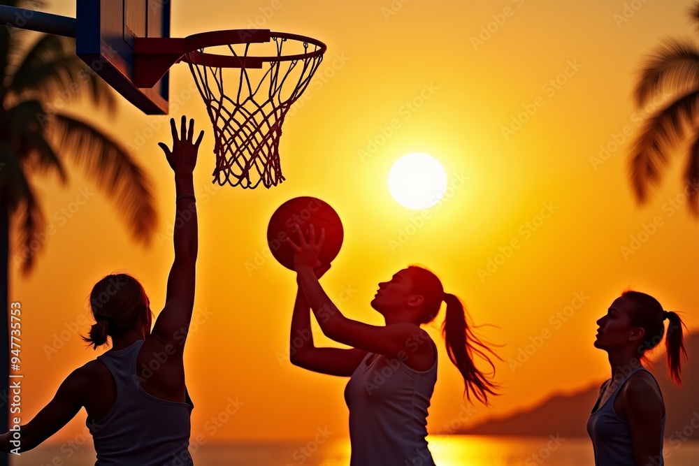 Intense game shot. Basketball players in action : women battle to score. Beautiful outdoor with ...