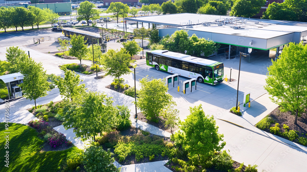 an aerial view of an eco-friendly bus depot, showcasing electric buses ...