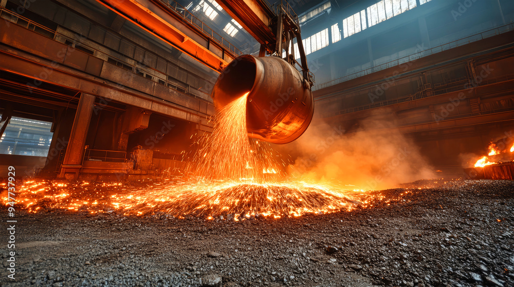 Molten pig iron cascades from ladles, illuminating the steel mill with ...