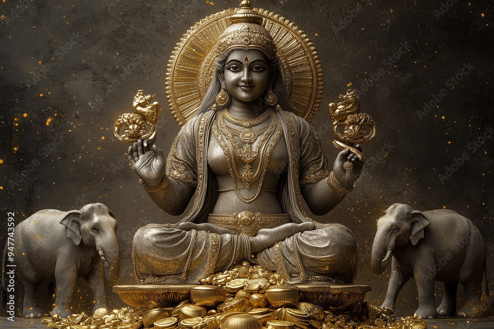 Maha Lakshmi Mahadevi the God of wealth and prosperity with elephants ...