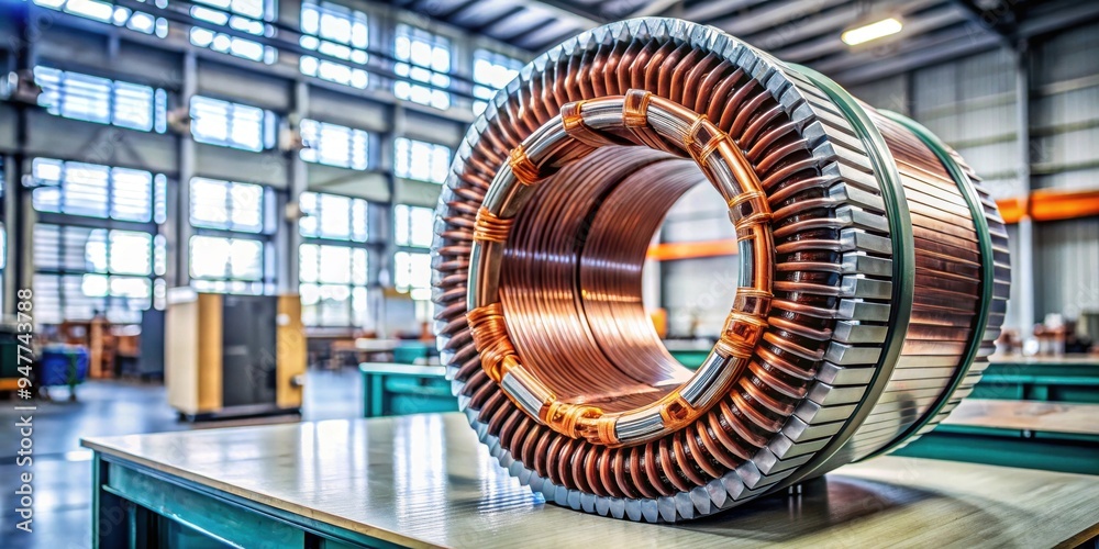 Electric motor stator and winding coil on metal workshop table ...