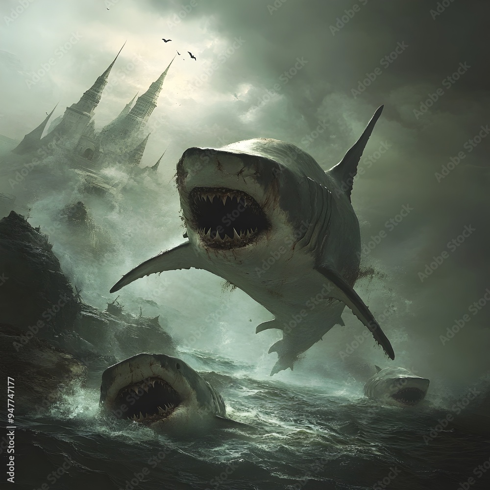 Demonic Hammerhead Sharks and Predatory Ocean Creatures Converging on a ...
