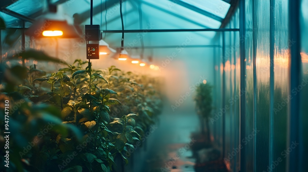Photograph of a modern IoT controlled greenhouse featuring automated ...