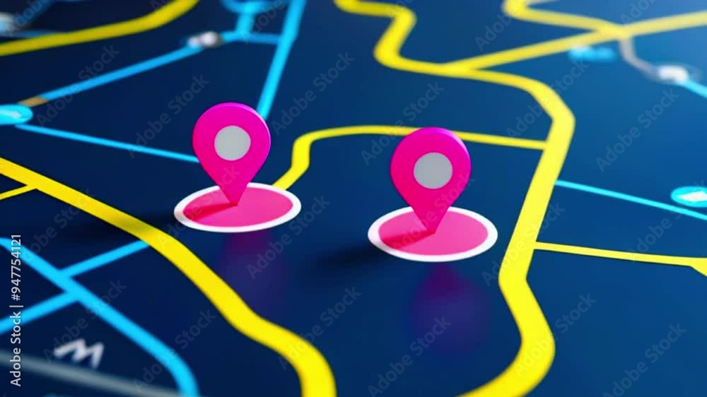 Two pink location pin markers are placed on a blue map with yellow and ...