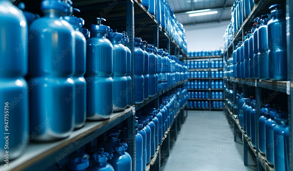 Blue metal and plastic tanks of various sizes filled with oxygen, or ...