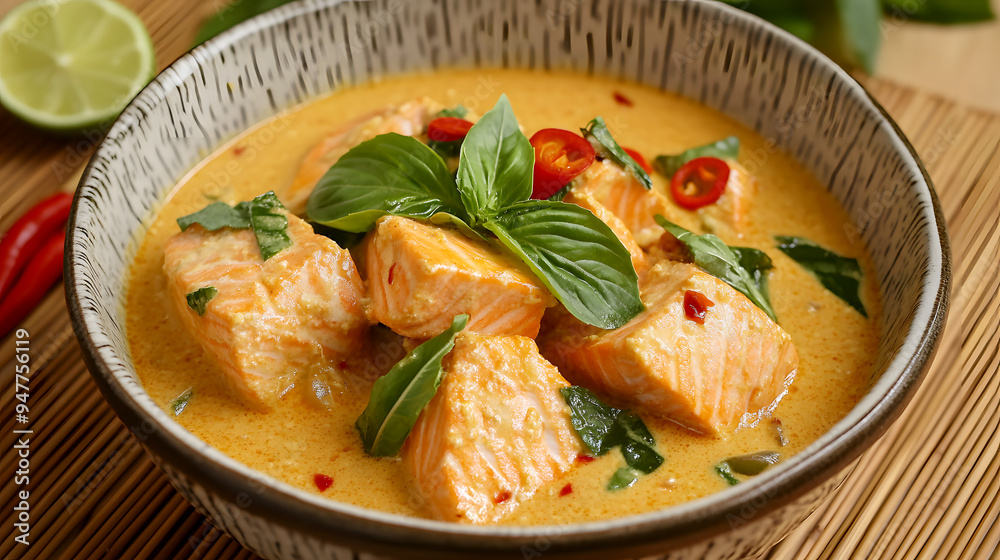 Traditional Thai Style A creamy salmon curry served in a traditional ...