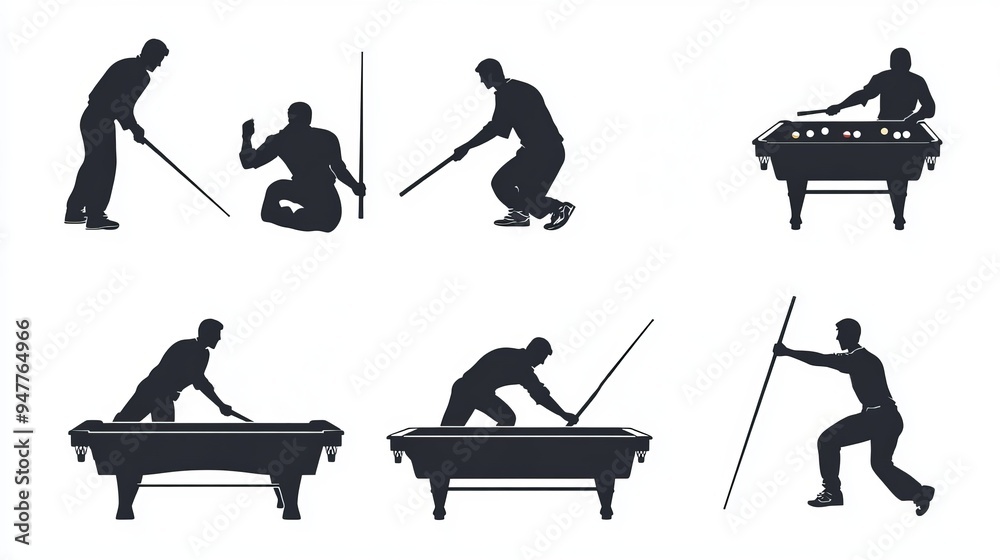 collection set of silhouettes of pool players. sport, player, pastime ...