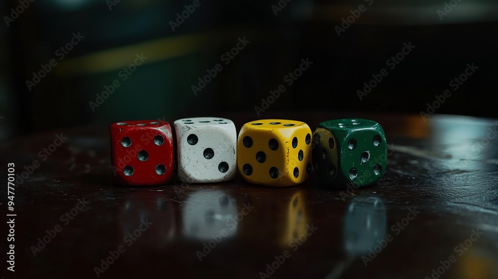 Four dice, one clearly red and white, the other clearly white and black ...