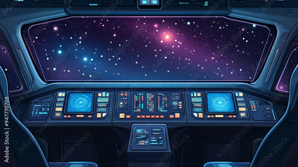 Pixel art retro game style spaceship cockpit cartoon with detailed ...