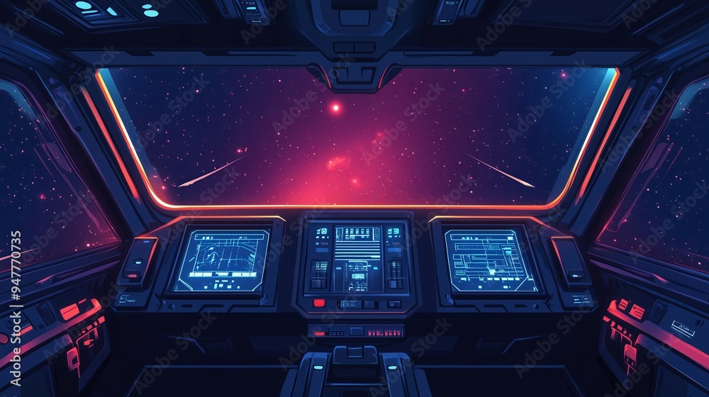 Pixel art retro game style spaceship cockpit cartoon with detailed ...