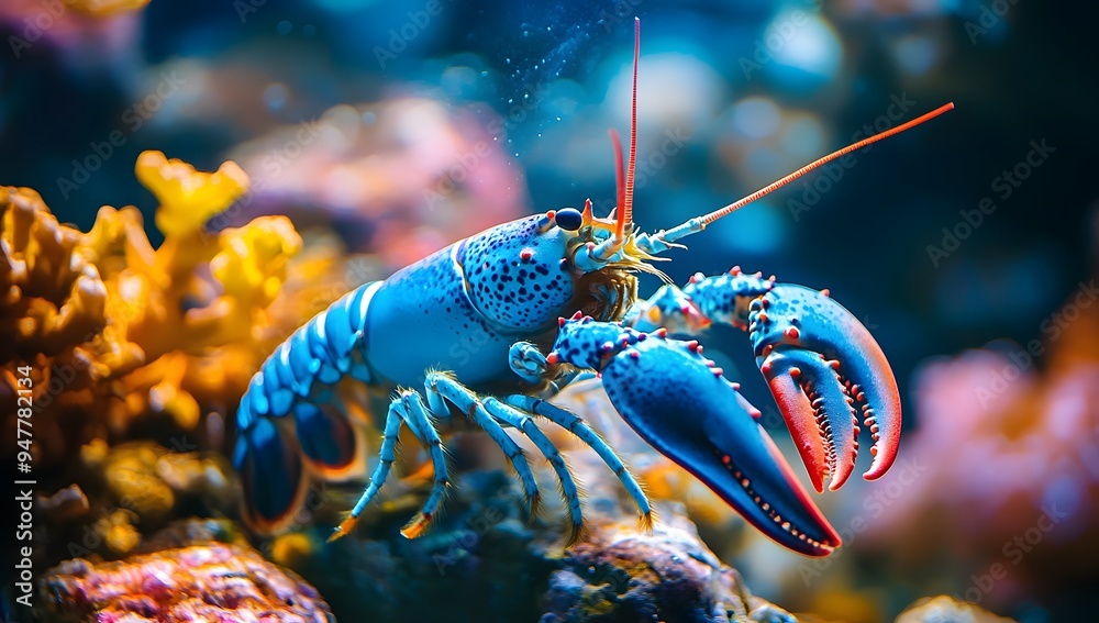 Blue lobster in an aquarium, underwater world with corals and colorful ...