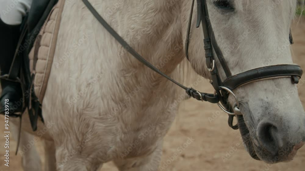Tilt up of adorable horse with white coat, forelock and mane standing ...