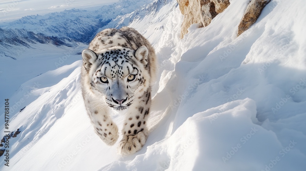 Aerial perspective of a biologist tracking snow leopards in the ...