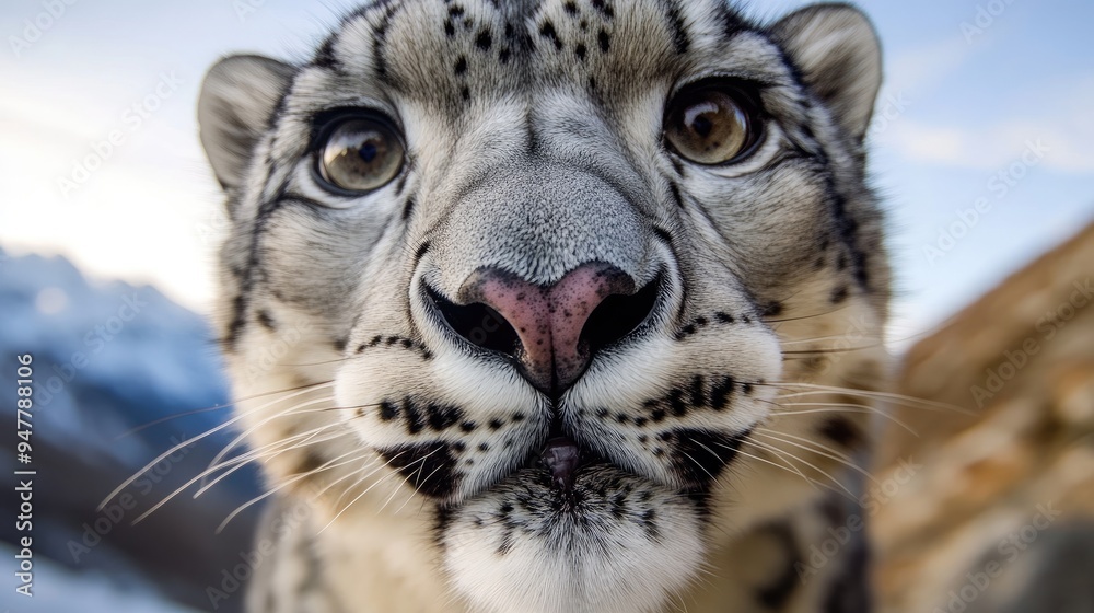 Aerial perspective of a biologist tracking snow leopards in the ...