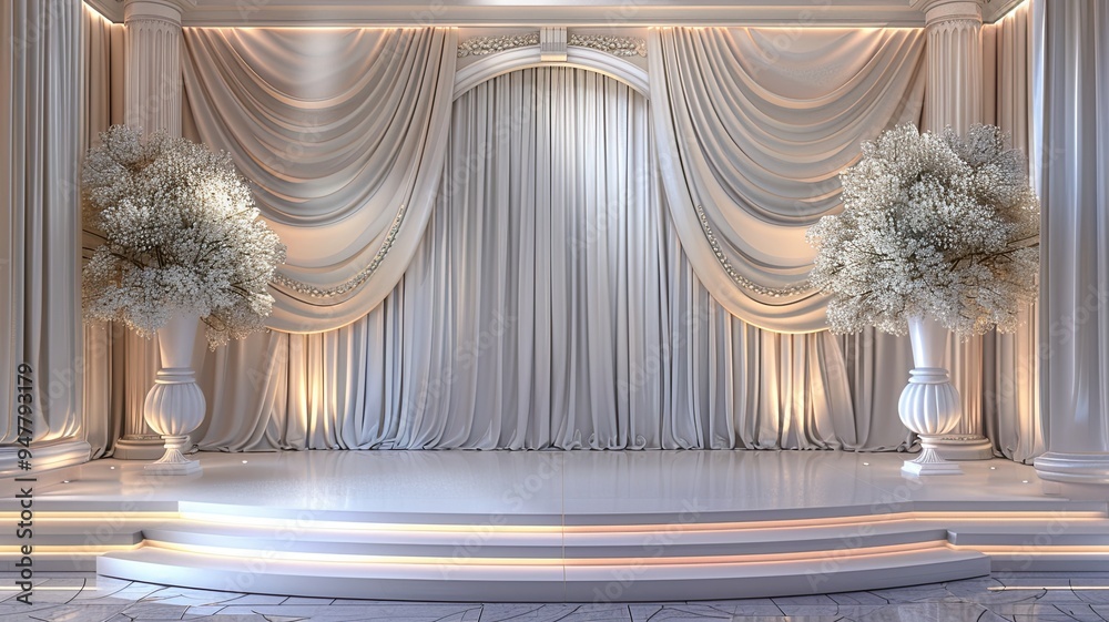 Elegant stage with luxurious white drapery and floral arrangements, A ...
