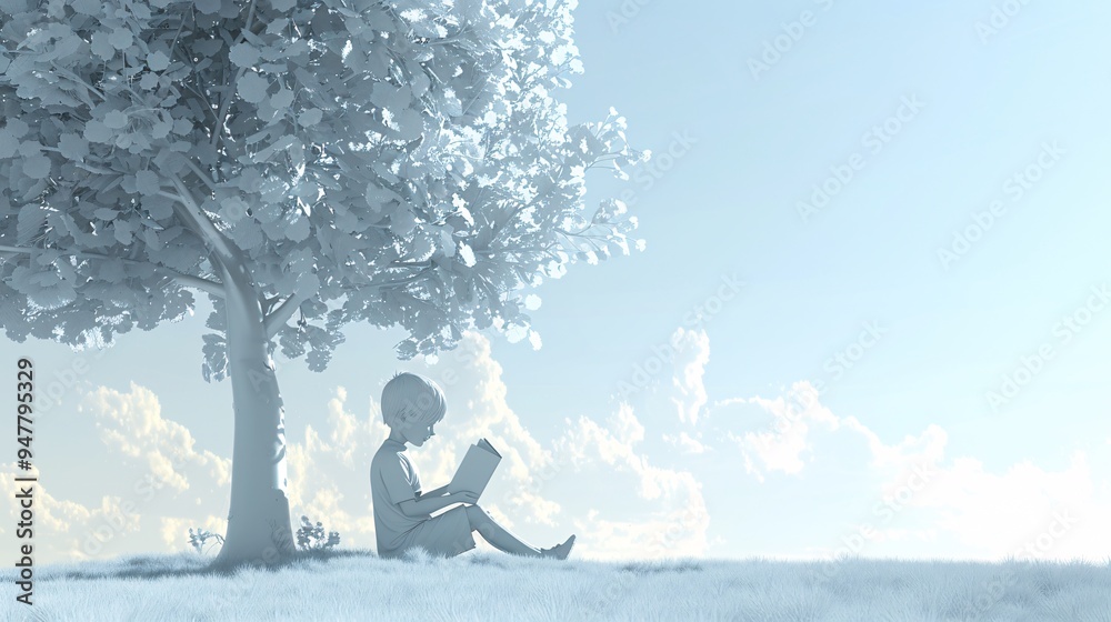 Detailed 3D shading drawing of a boy reading a book under a tree ...