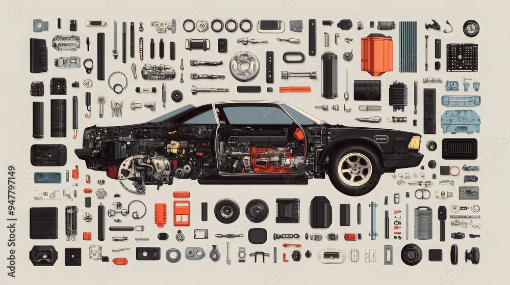 flat design, grey background, every single part or component of a car ...