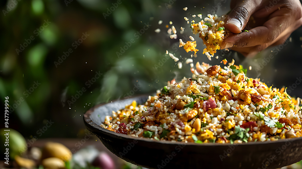 Bhel Puri being tossed, puffed rice snack with tangy tamarind sauce ...