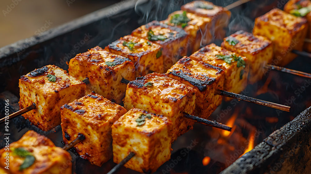 Paneer Tikka being grilled, marinated paneer cubes with spices ...