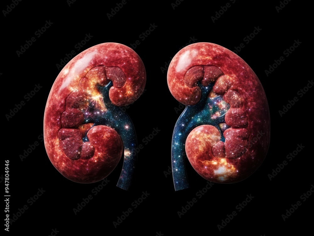 Human kidneys illustrated as cosmic bodies, with galactic swirls and ...