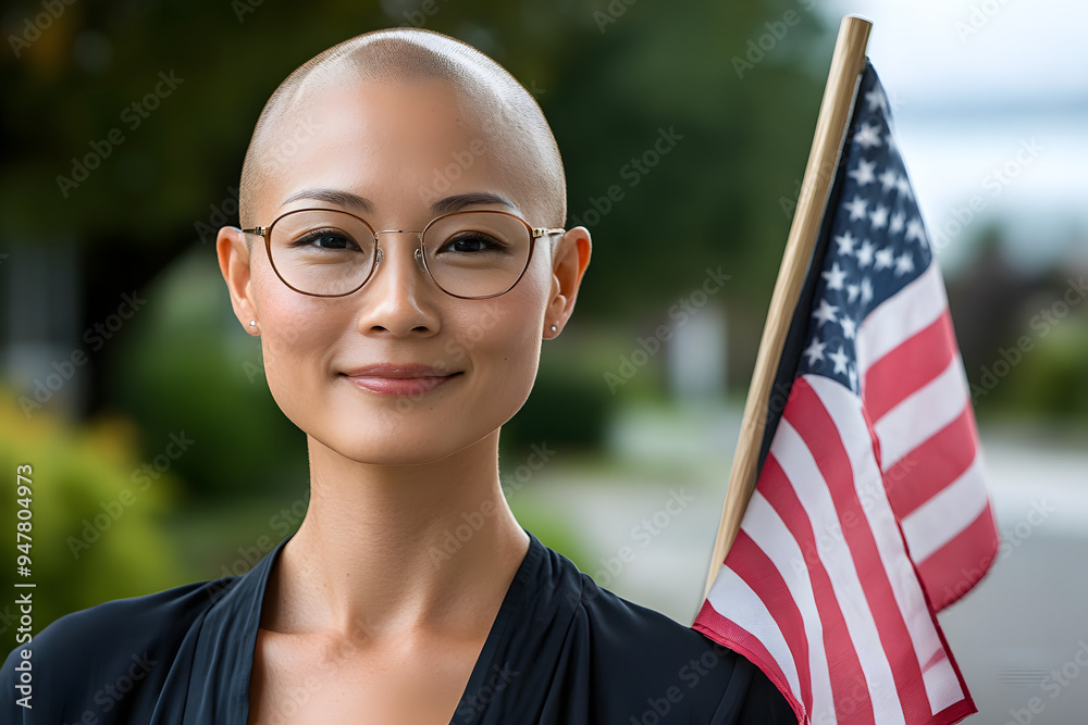 Beautiful Asian American woman at her backyard with very short hair ...