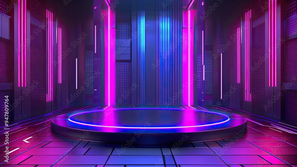 Futuristic neon-lit stage with glowing platform, A vibrant futuristic ...