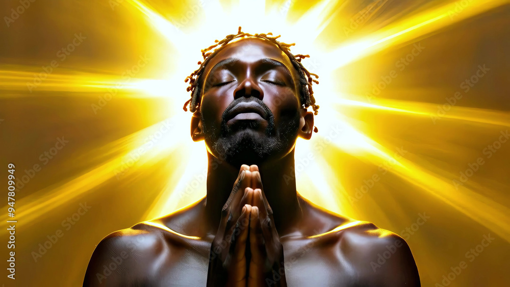 Portrait of Black Jesus Christ with a glowing halo and divine rays of ...