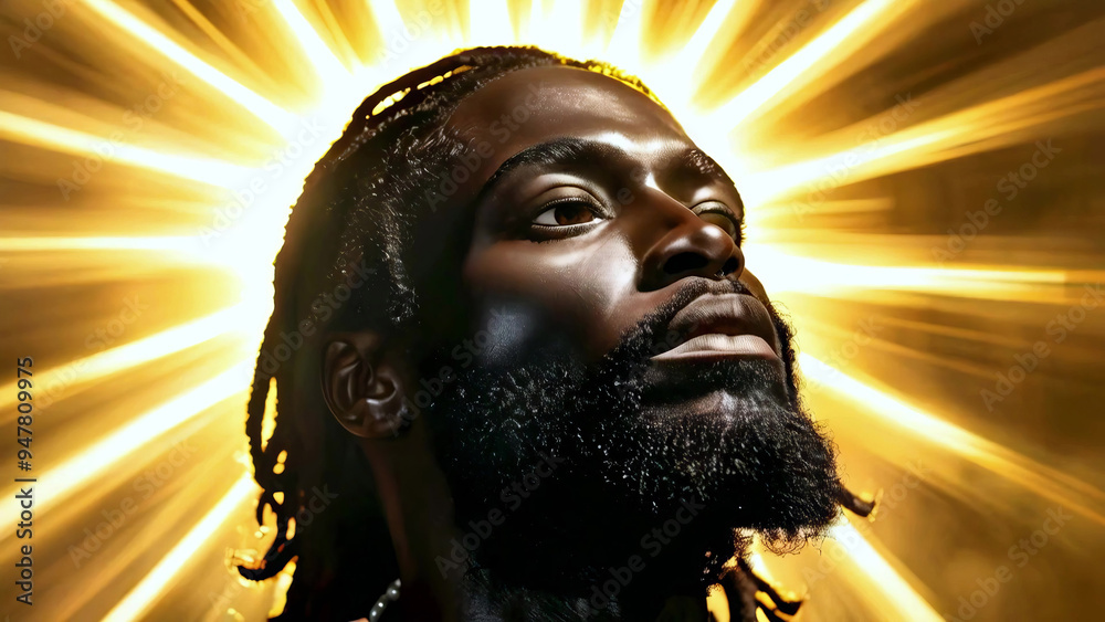 Portrait of Black Jesus Christ with a glowing halo and divine rays of ...