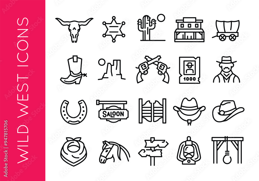 Wild West icons. Set of 20 Wild West trendy minimal icons. Cowboy hat ...
