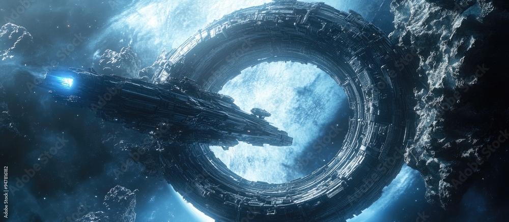 3D illustration of a science fiction battle cruiser spaceship in heavy ...