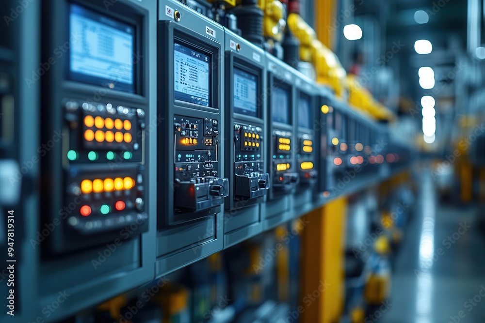 modern electrical control cabinet in a pristine factory setting rows of ...