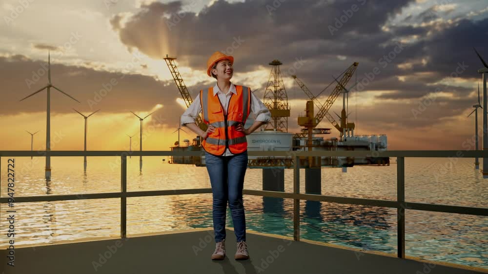 Full Body Of Asian Female Engineer Wearing Safety Helmet Looking Around ...