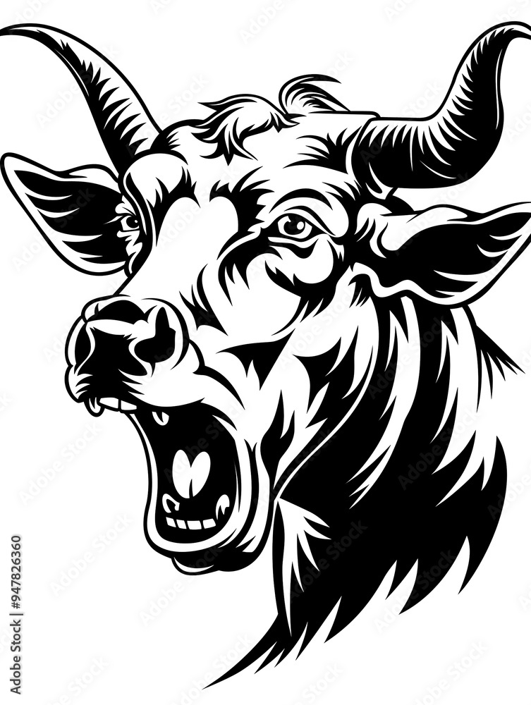 A black and white drawing of a bull with its mouth open and horns on ...