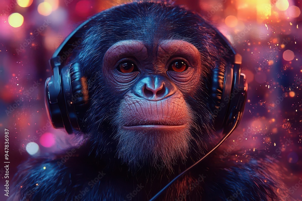 Photo psychedelic party animal vibrant portrait of a funky monkey wearing headphones s furyon Posters tableaux et papiers peints Europosters