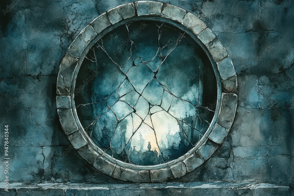 A cracked Gothic window set in a stone wall reveals an eerie graveyard ...