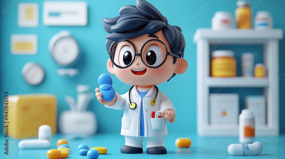 3d render doctor or pharmacist cartoon character holding big blue pill ...