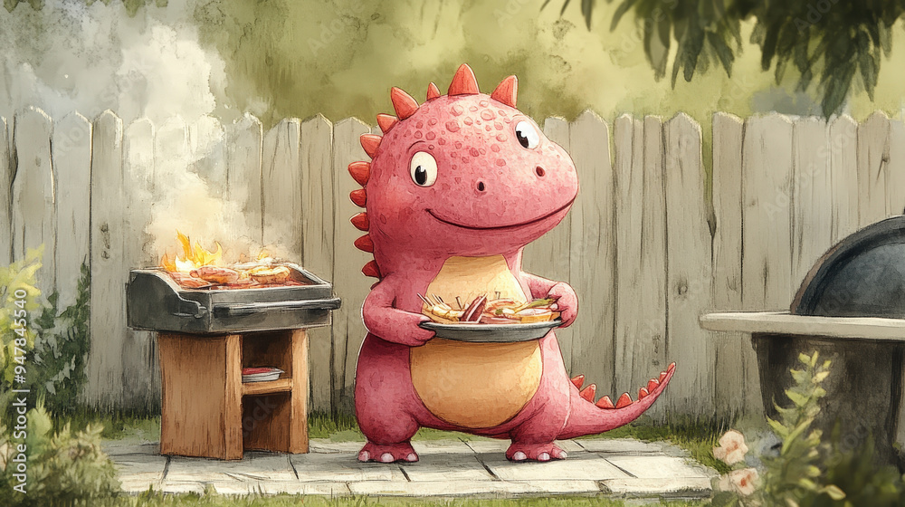 Cute Pink dinosaur hosting a barbecue in a lively backyard , water ...