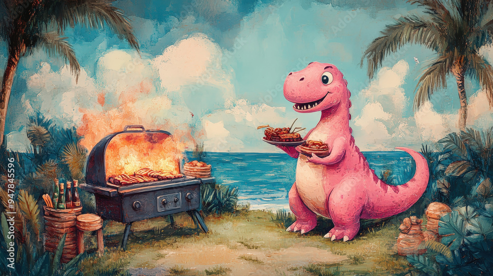 Cute Pink dinosaur hosting a barbecue in a lively backyard setting ...